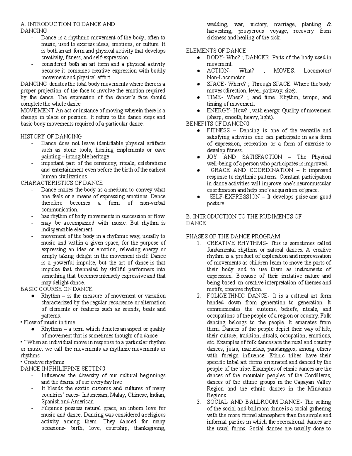 A. Dance - Introduction and Fundamentals Notes - Studocu