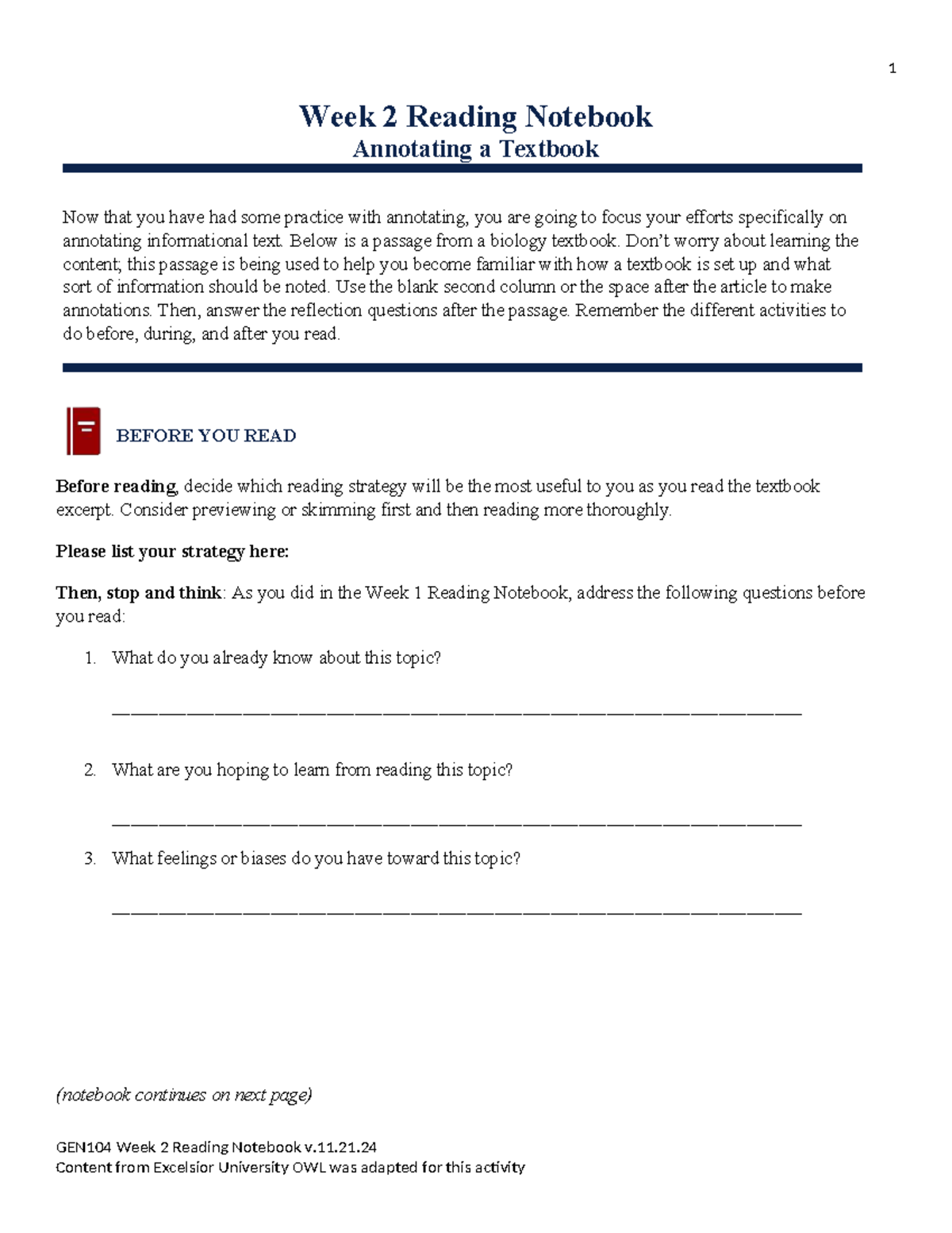 GEN104 Week 2 Reading Notebook: Annotating Informational Text - Studocu