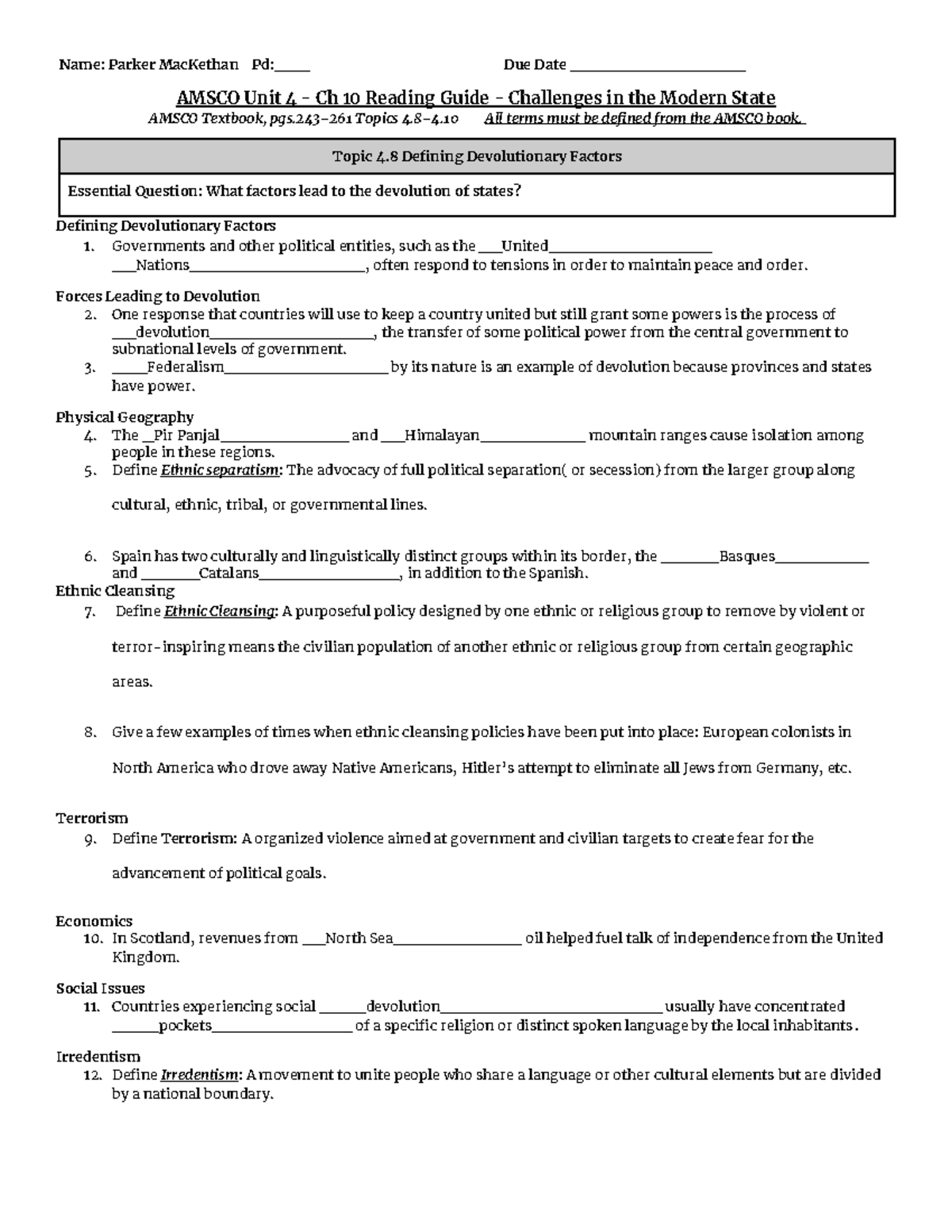 Amsco Unit 4 - Ch 10 Reading Guide (Topics 4.8 -4.10) - Name: Parker ...