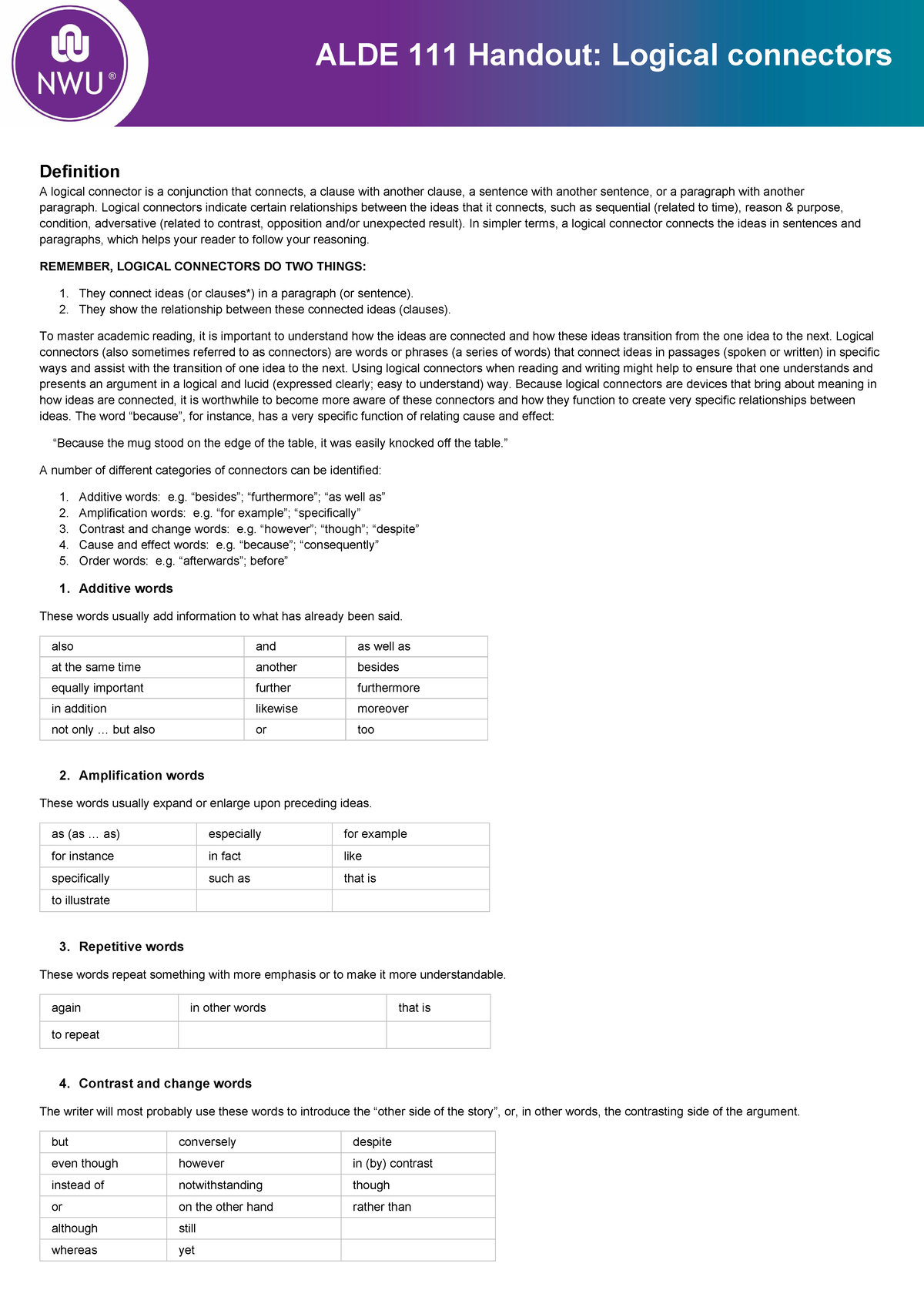 111 HO Handout: Understanding Logical Connectors in Writing - Studocu