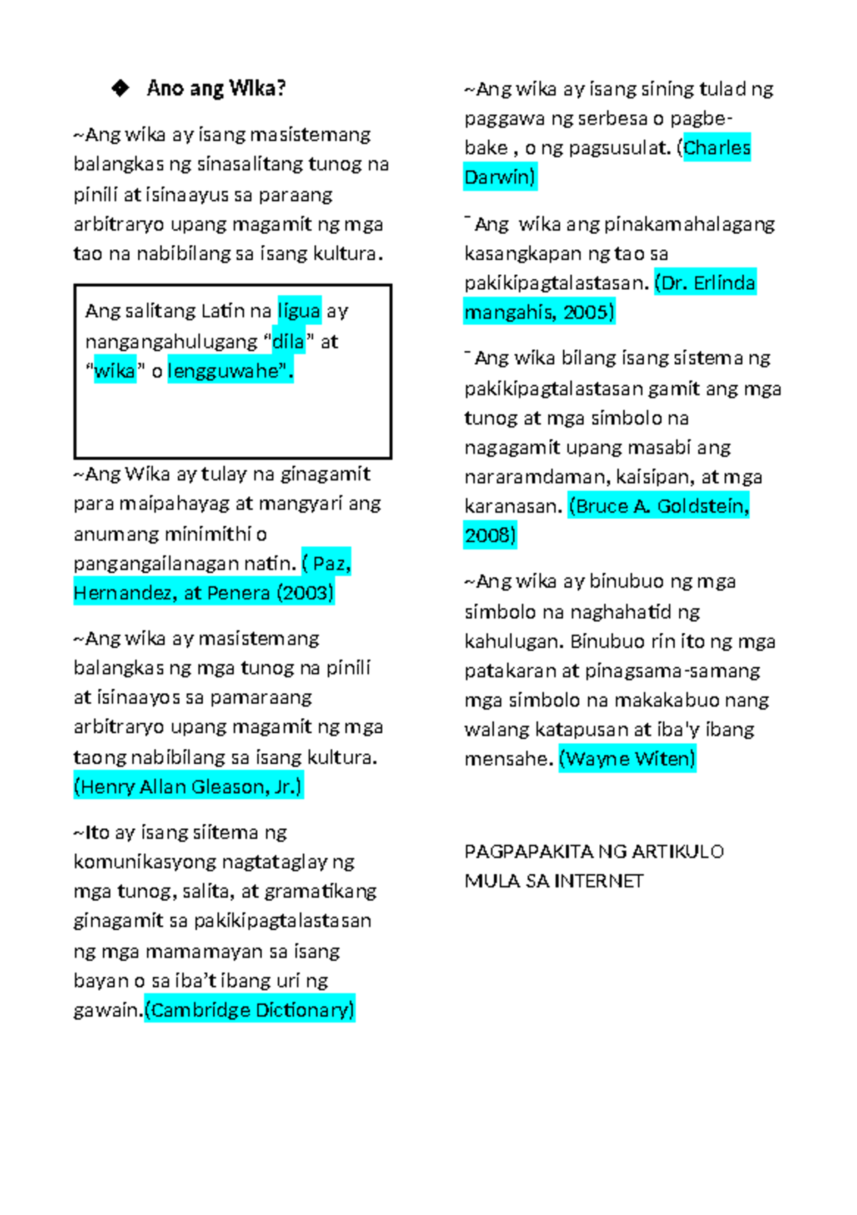 Ano ang Wika? Isang Pagsusuri sa Kahulugan at Kahalagahan - Studocu