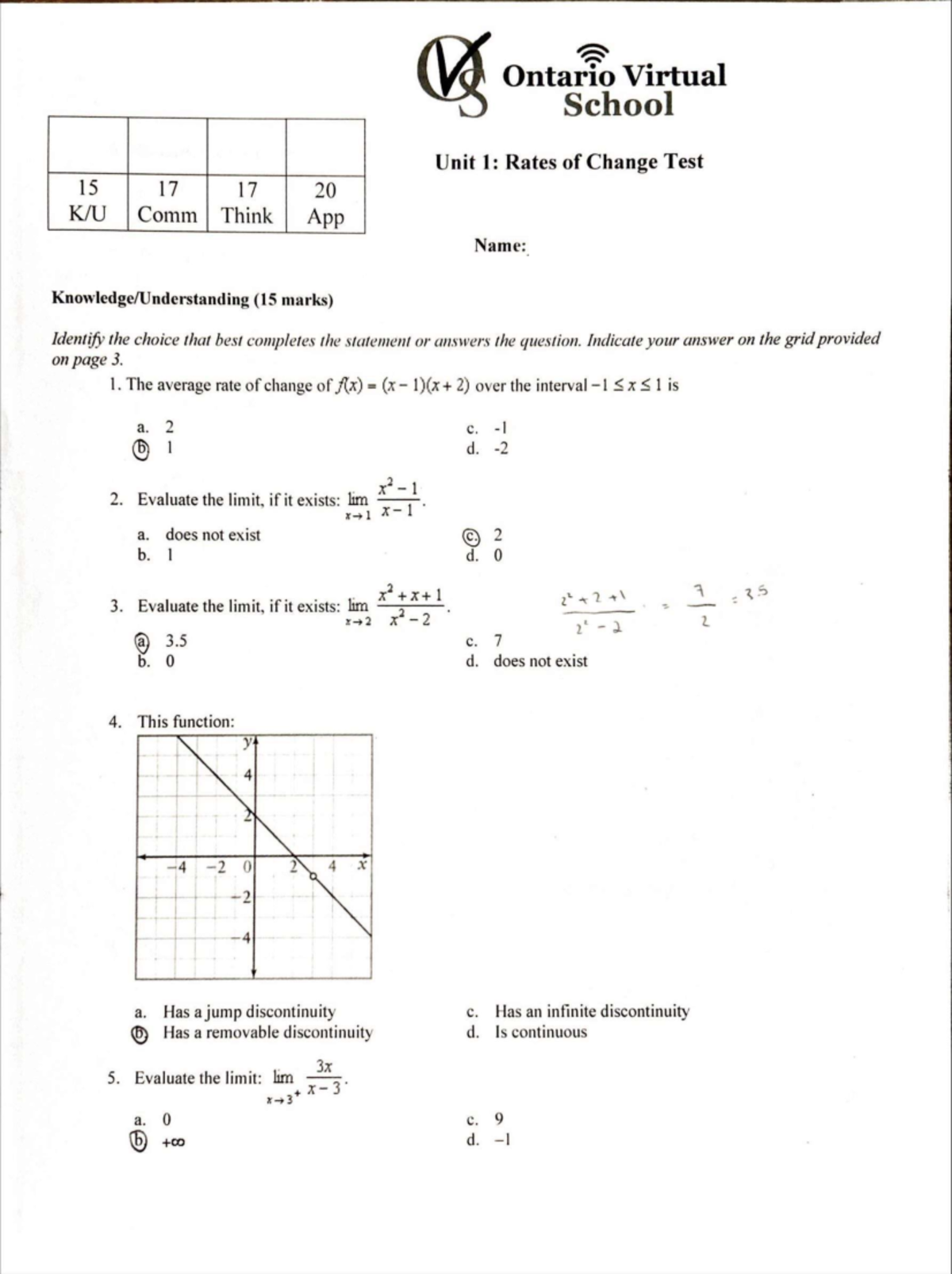 MCV4U Unit 1: Rates of Change Test Review and Solutions - Studocu