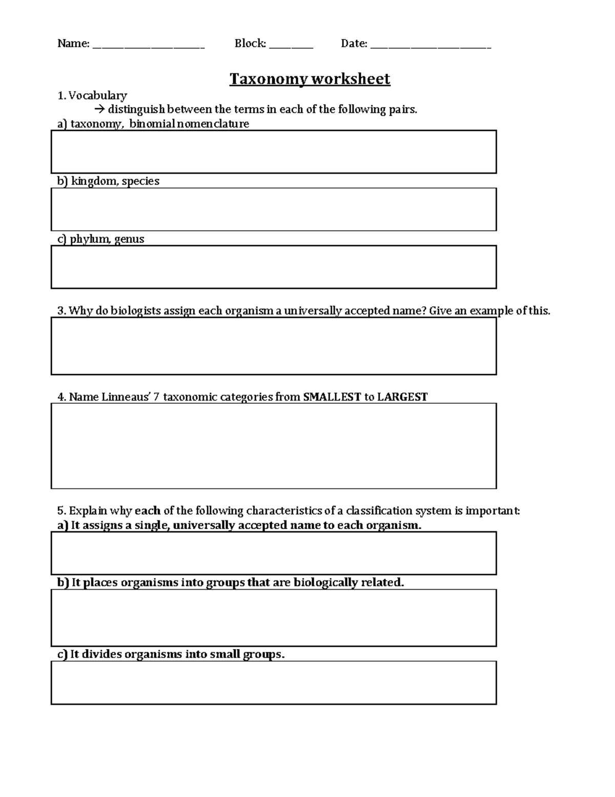 Taxonomy HW - Taxonomy worksheet s in each of the following pairs ...