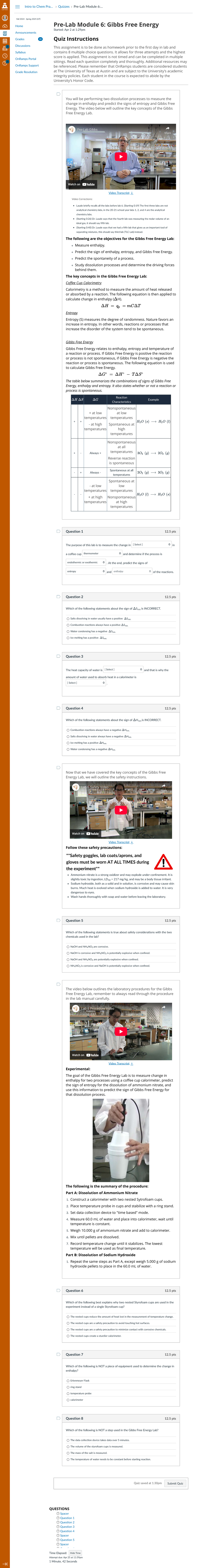 Quiz Pre-Lab Module 6: Gibbs Free Energy Overview and Instructions ...