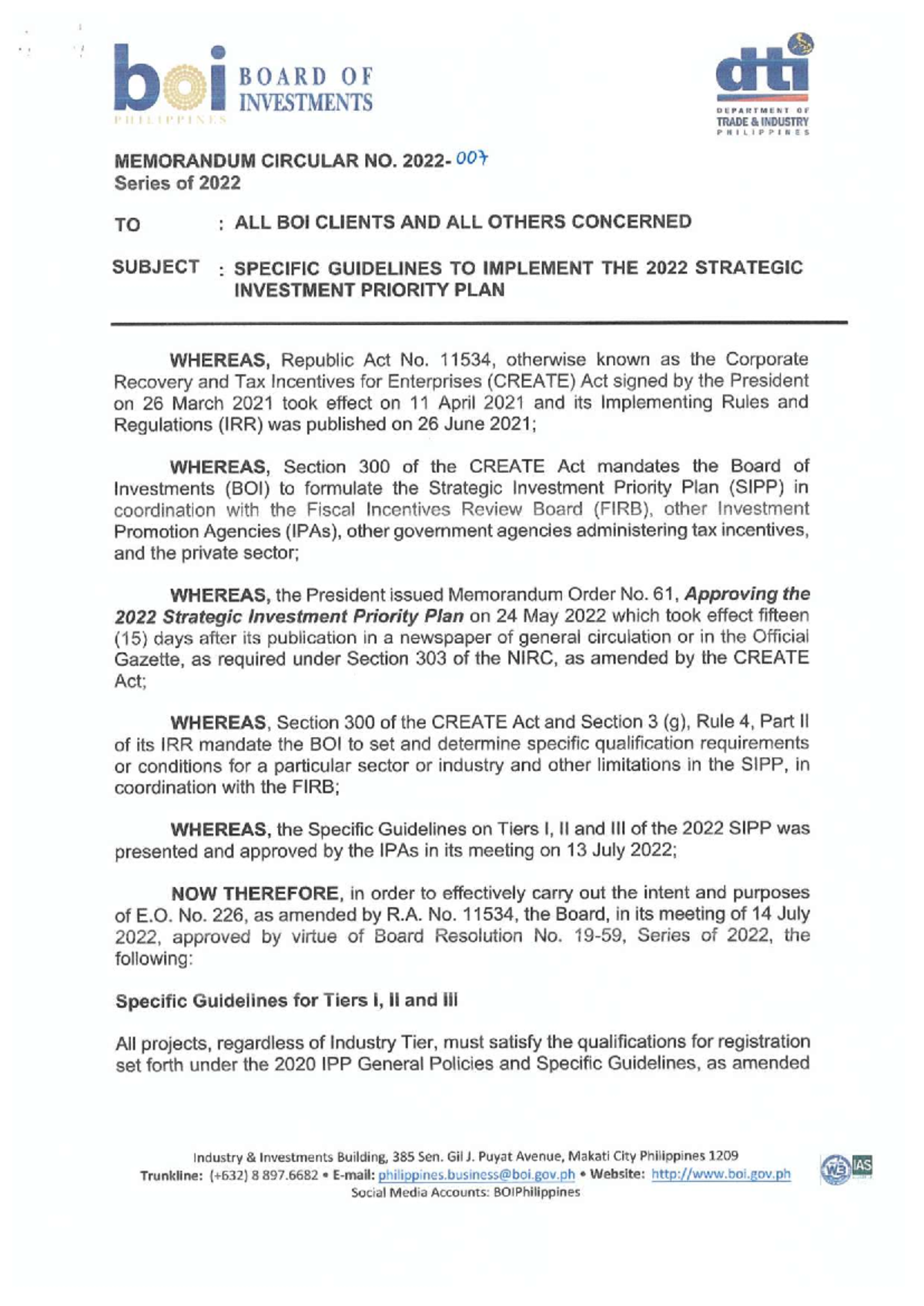 2021 - BOI Guidelines on Investment Tiers and Project Registration ...