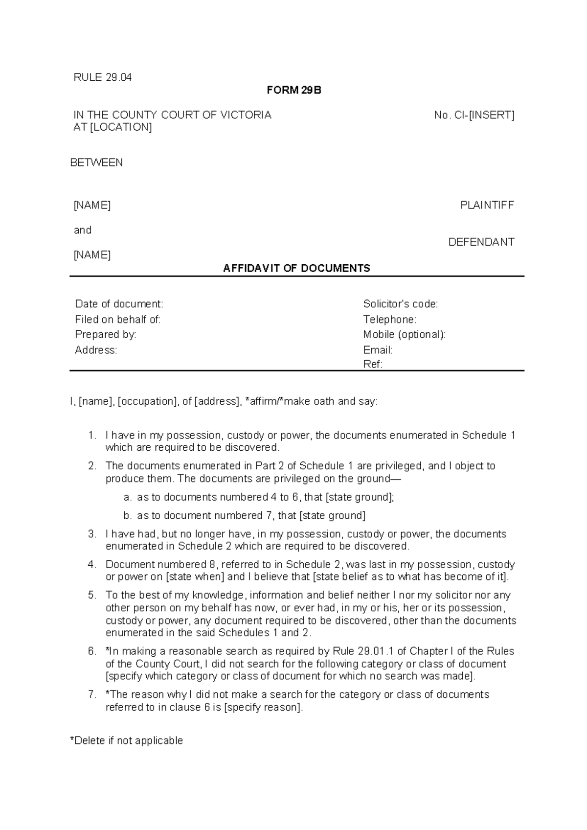 Affidavit of Documents - Rule 29.04 Form 29B - County Court Victoria ...