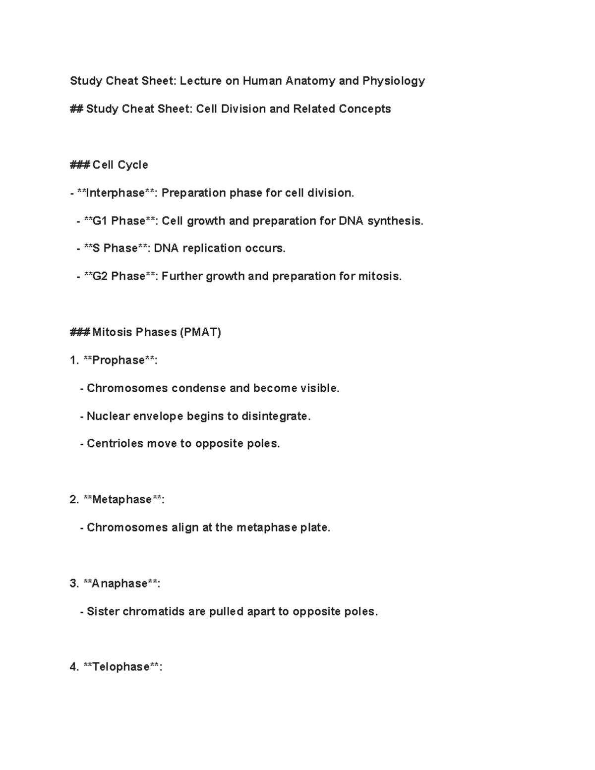 Anatomy & Physiology 1: Lecture Cheat Sheet on Cell Division & Tissue ...