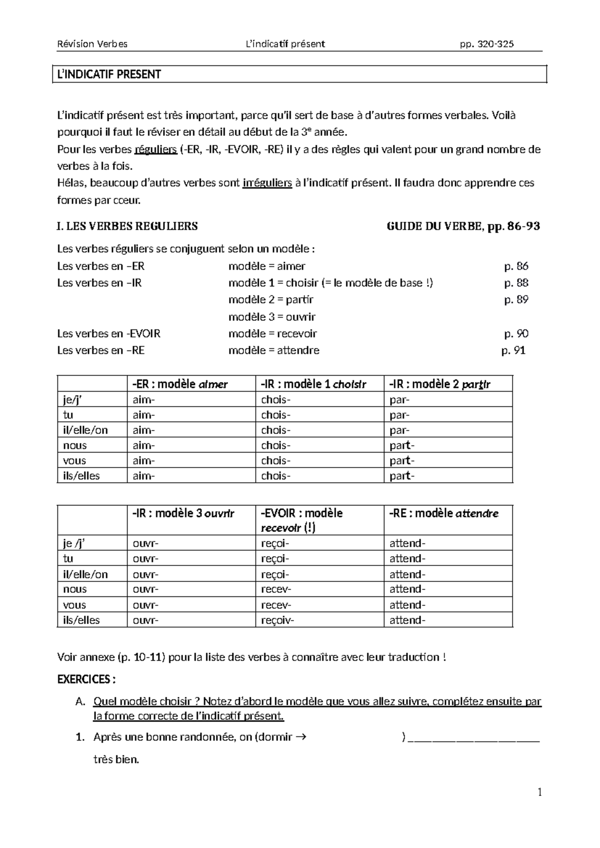 Révision des Verbes à l'Indicatif Présent (Français 3e) - Studocu