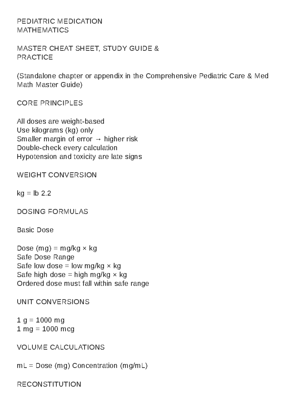 PEDS 101: Pediatric Medication Math Cheat Sheet & Study Guide - Studocu