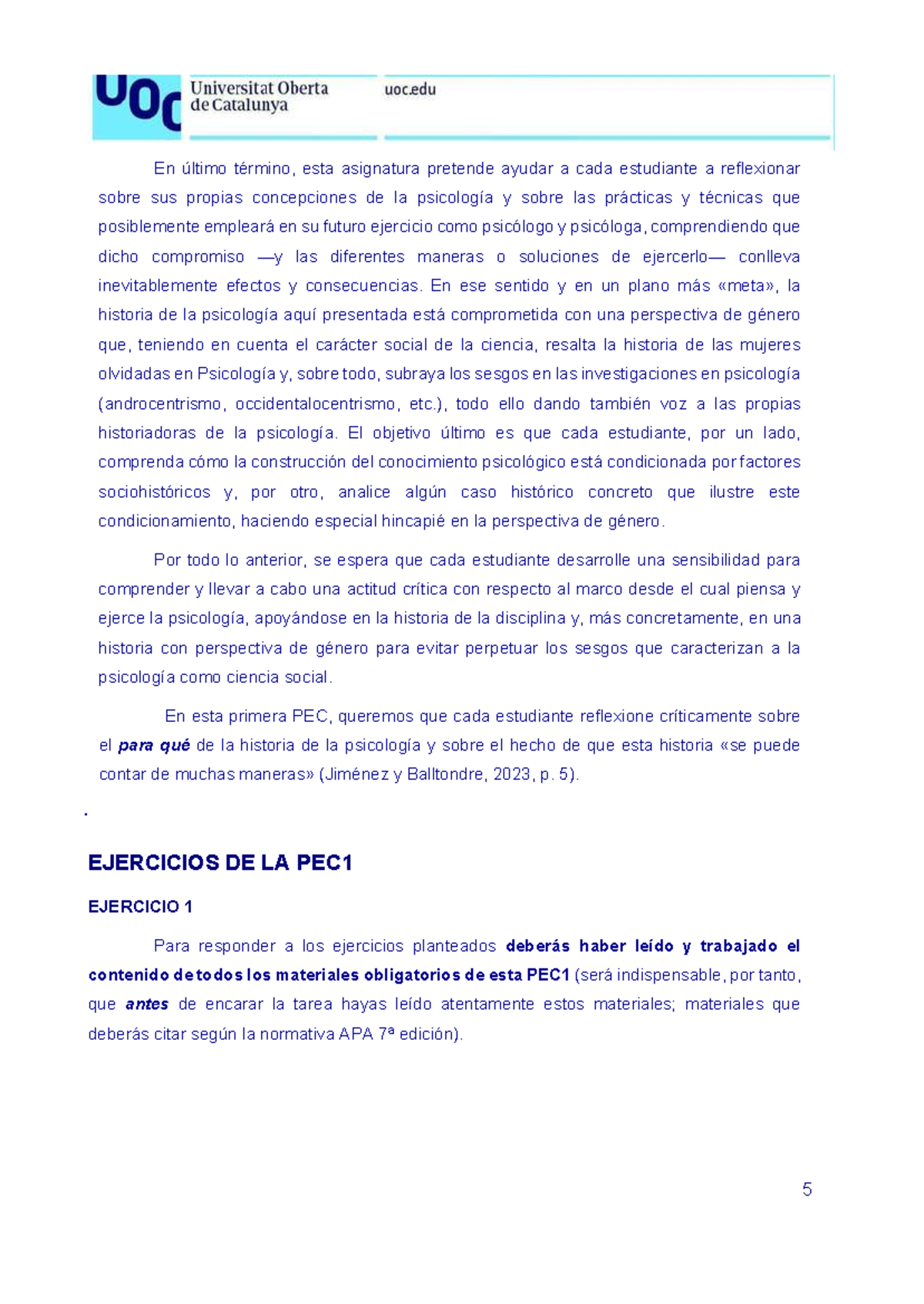 Enunciado PEC 1: Historia de la Psicología y Perspectiva de Género - 2025 - Studocu