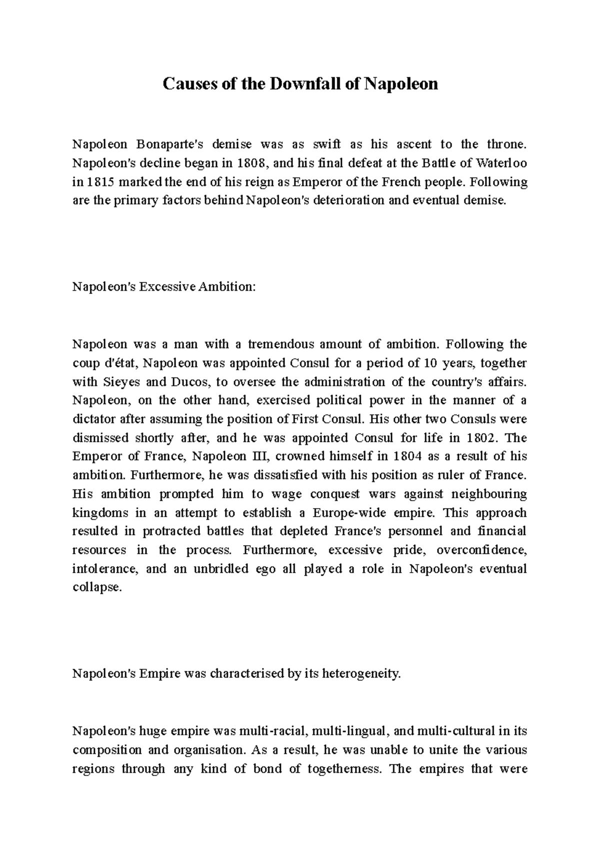 Causes of Napoleon's Downfall: Ambition, Strategies, and Defeats - Studocu