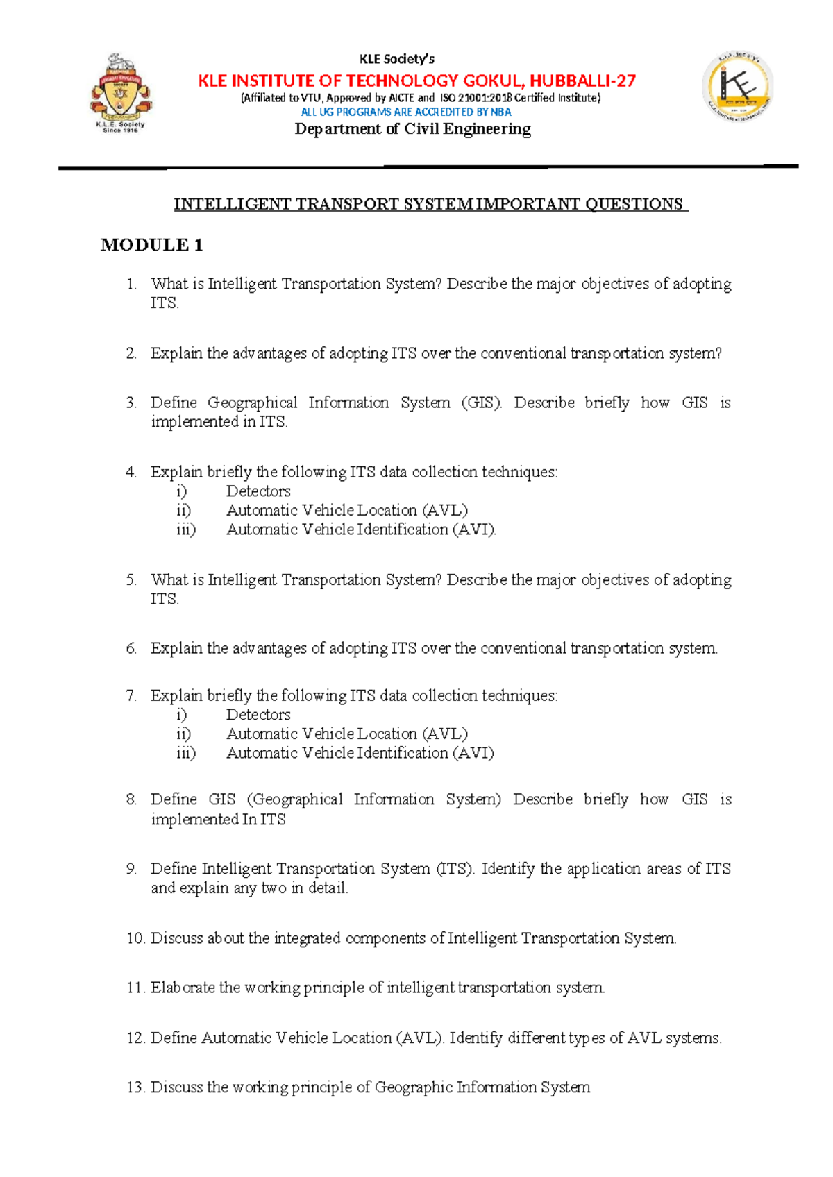 ITS IMP Quest - Important Questions on Intelligent Transport System ...