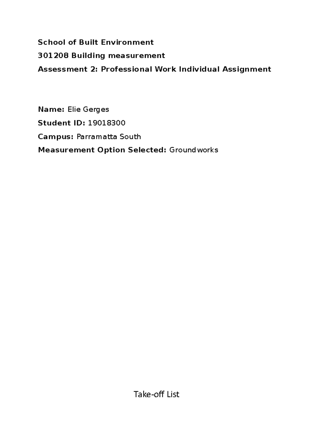 Building Measurement Assessment 2: Groundworks Take-off List - Studocu