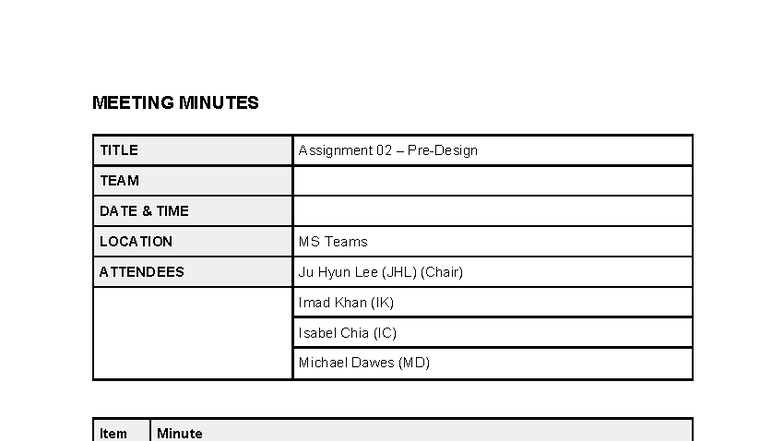 Meeting Minutes - Example - MEETING MINUTES TITLE Assignment 02 – Pre ...