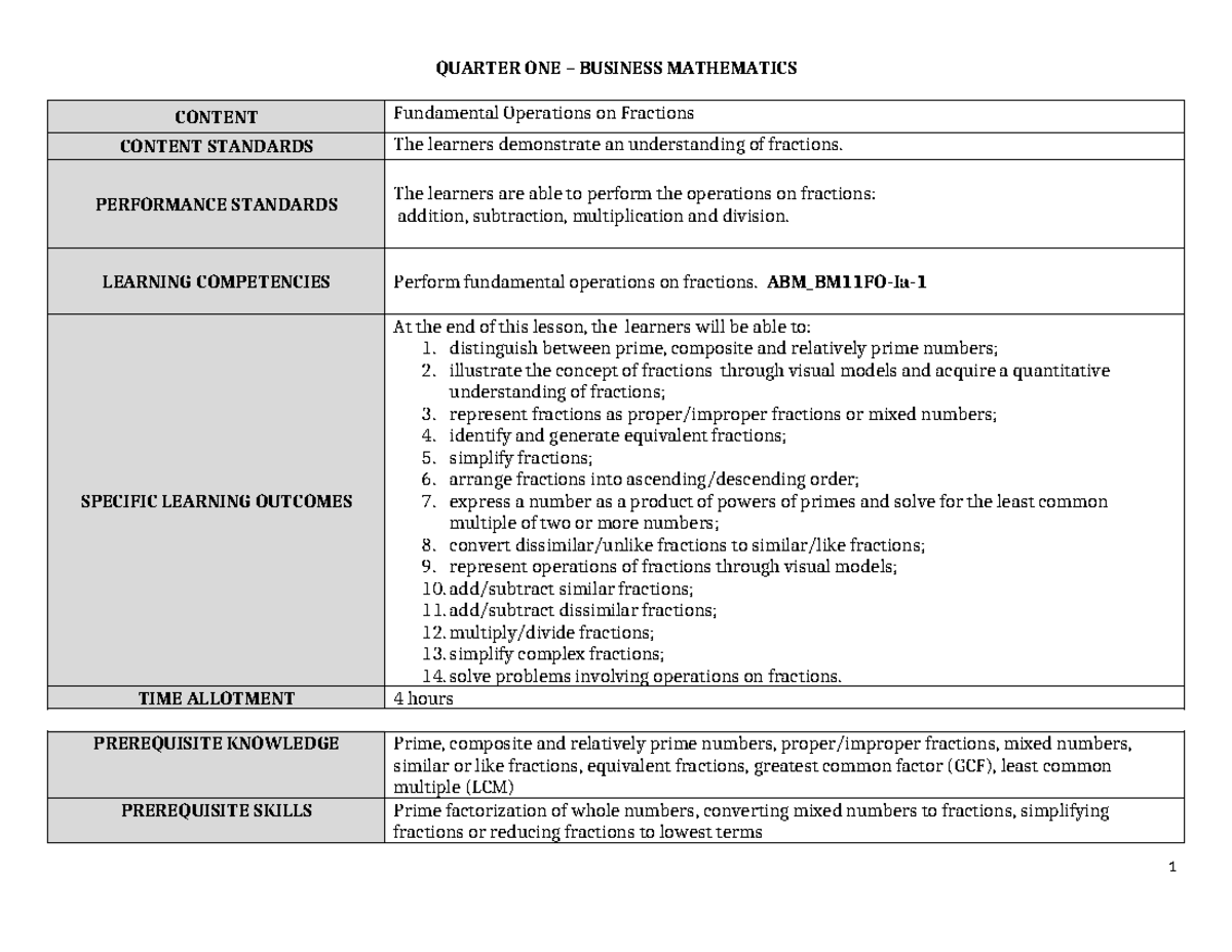 01 Teaching Guide - Business Math Fractions (ABM BM11FO-Ia-1) TE ...