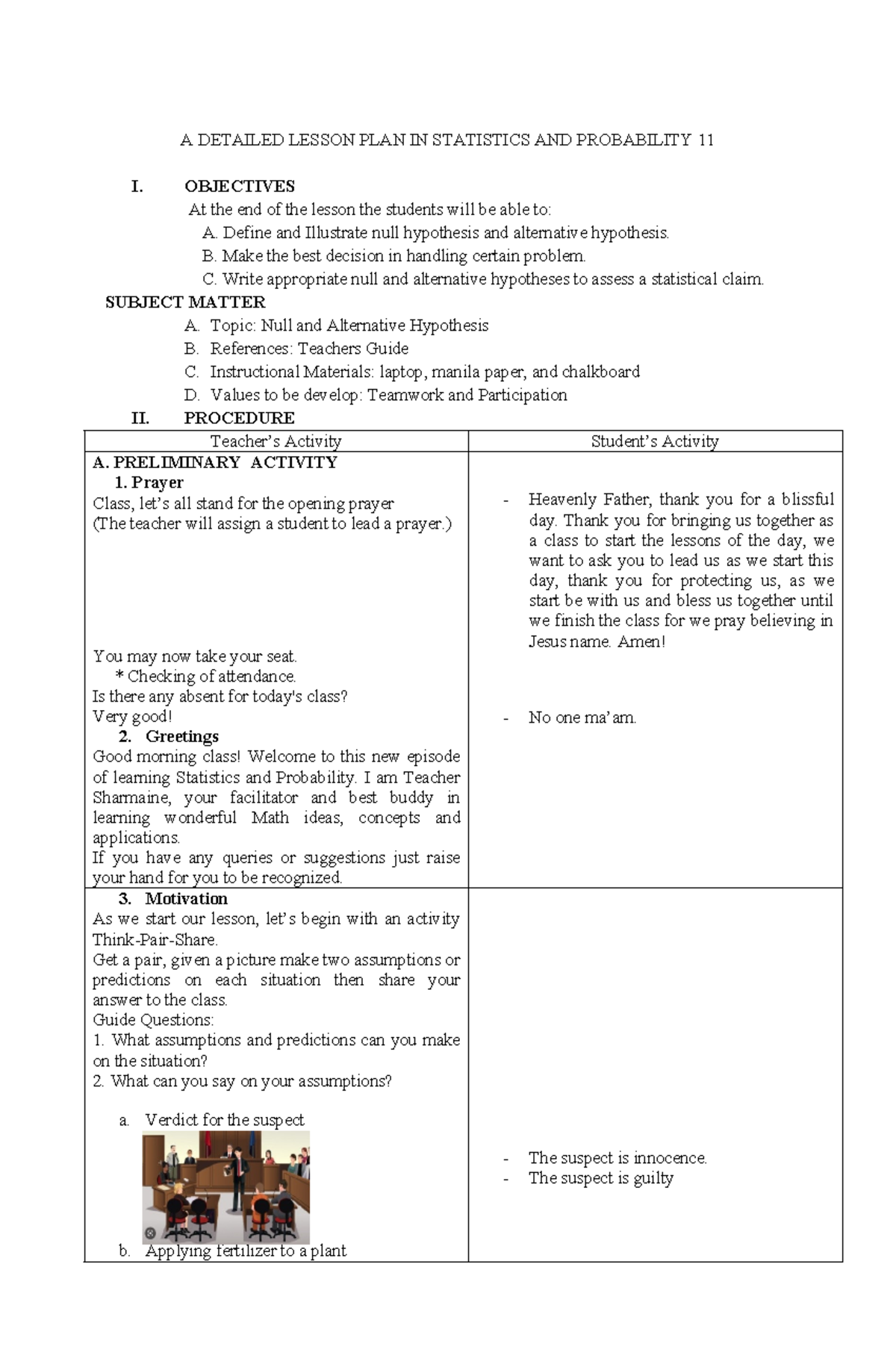 Final Lesson Plan on Null and Alternative Hypothesis (Statistics 11 ...