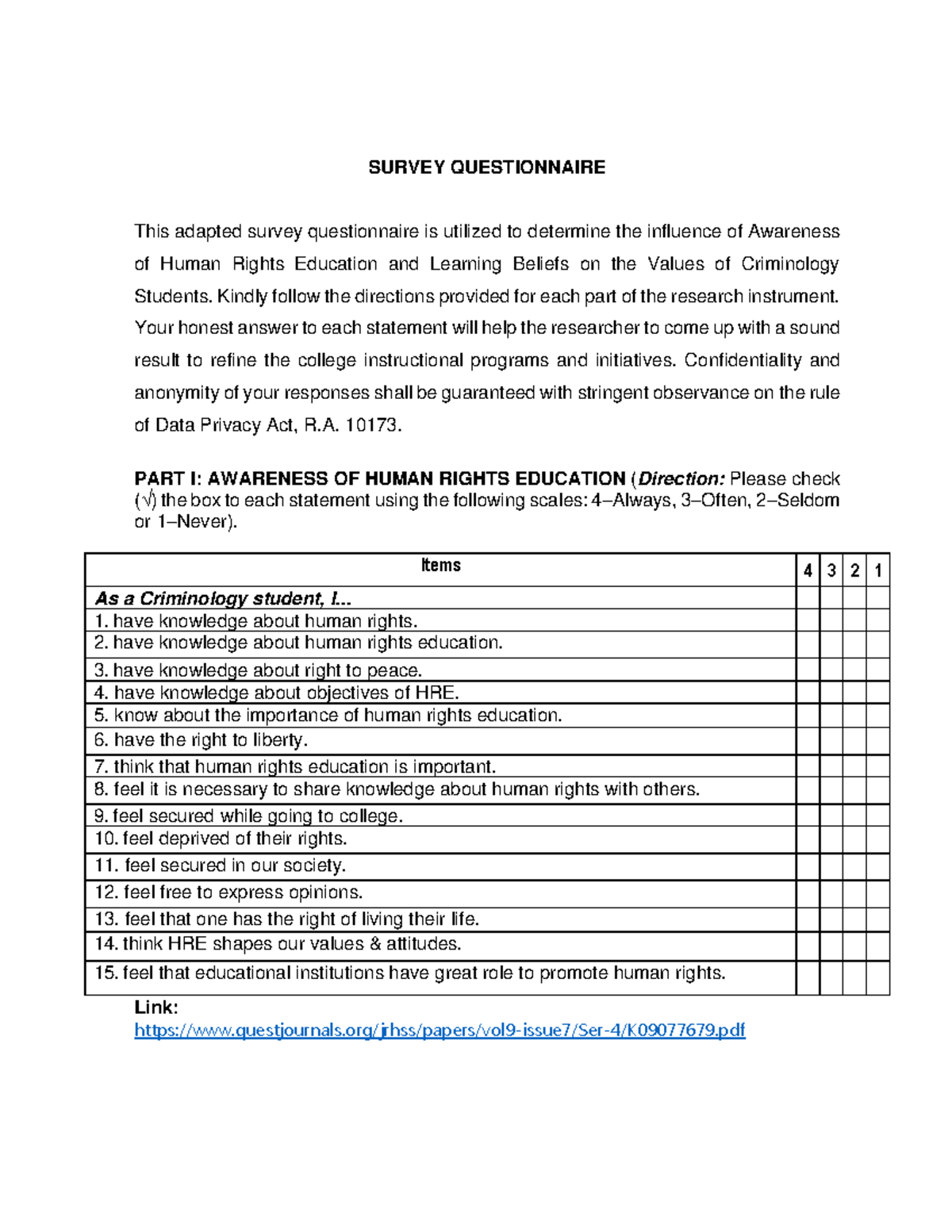Survey Questionnaire on Human Rights Education & Learning Beliefs ...