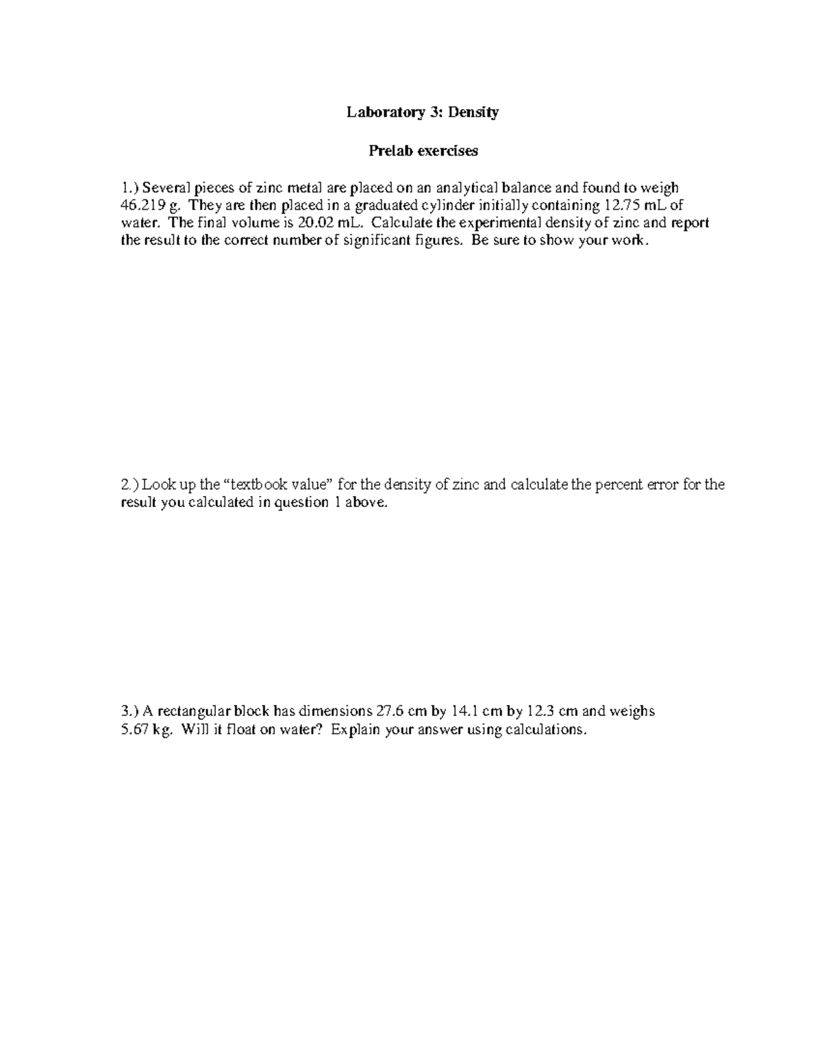 Lab 03: Density Prelab Exercises and Calculations - Studocu