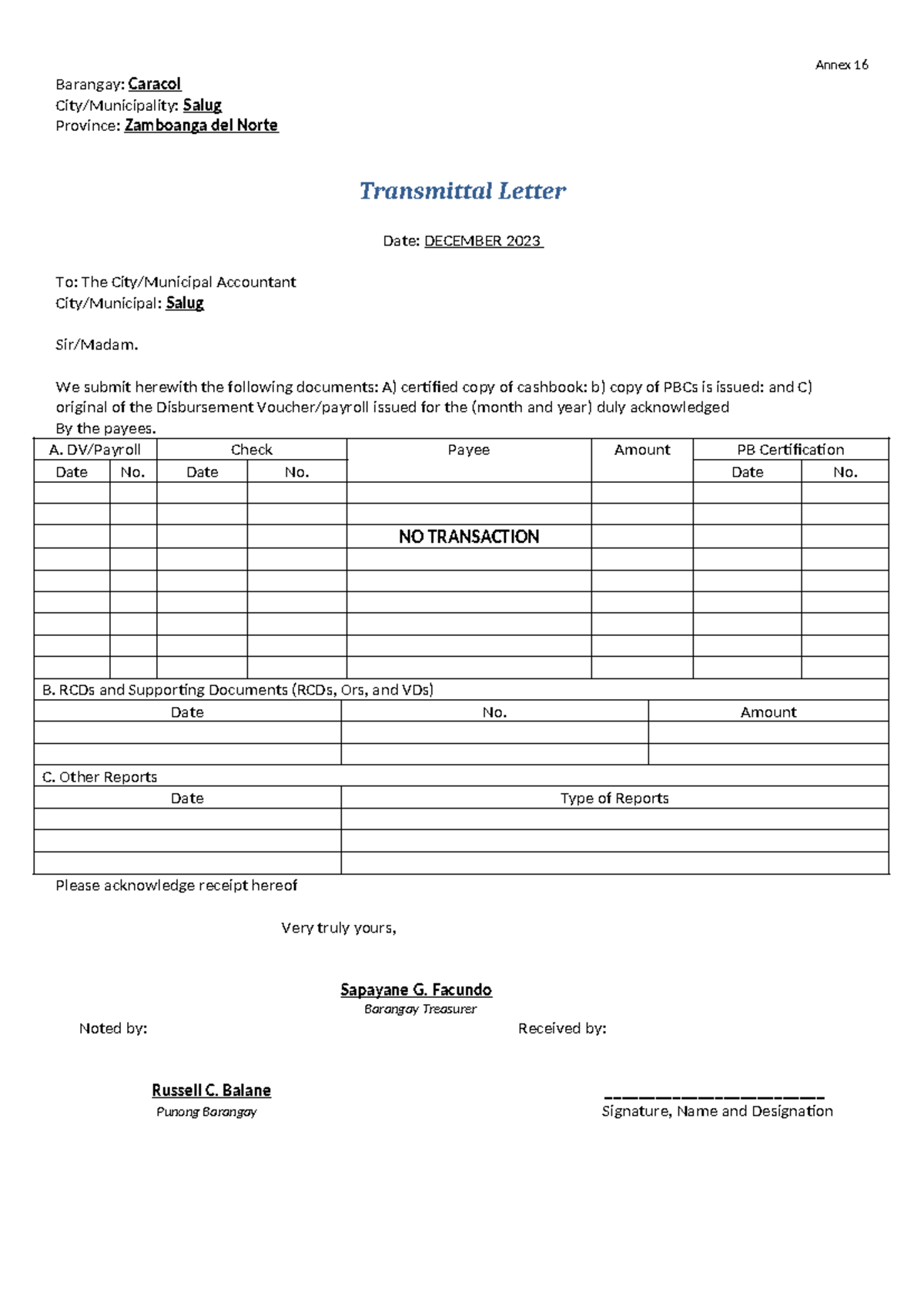 Transmittal Letter Annex 16-A: December 2023 Submission - Studocu