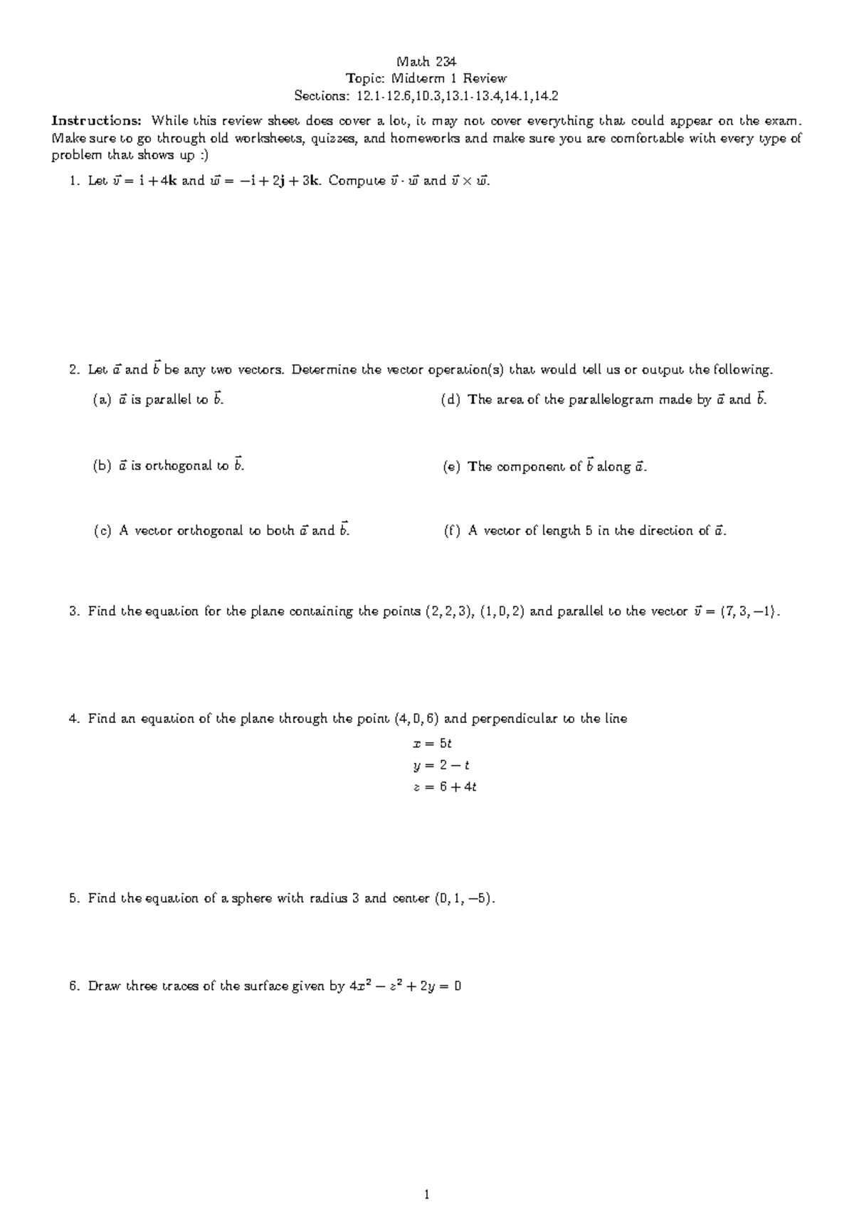 Math 234 Midterm 1 Review: Key Concepts and Practice Problems - Studocu