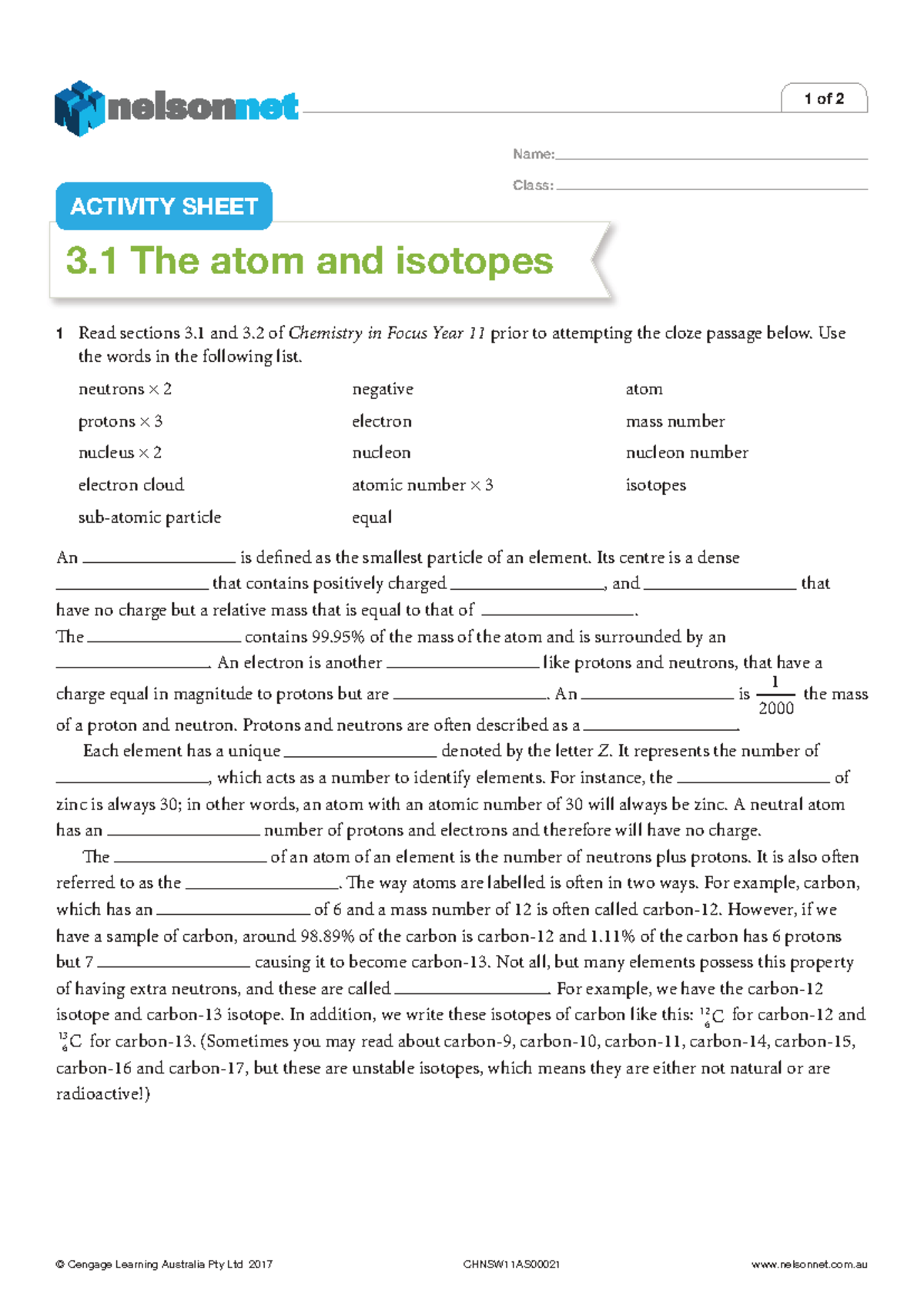 Activity Sheet 3.1: Atoms and Isotopes - Chemistry M1IQ2 - Studocu