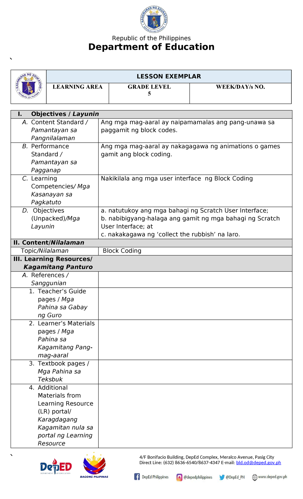 Lesson Exemplar on Block Coding for Grade 5 (DepEd) - Studocu