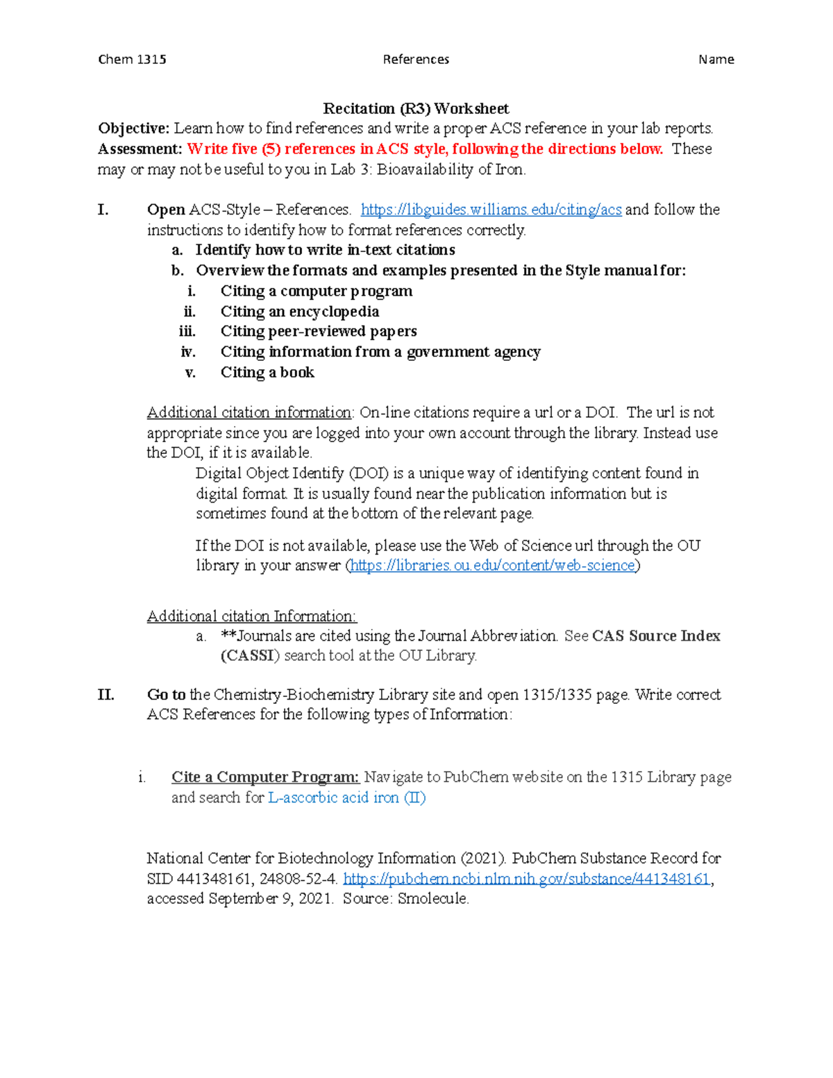 Chem 1315 Recitation 3 Worksheet: ACS Reference Formatting Guide - Studocu