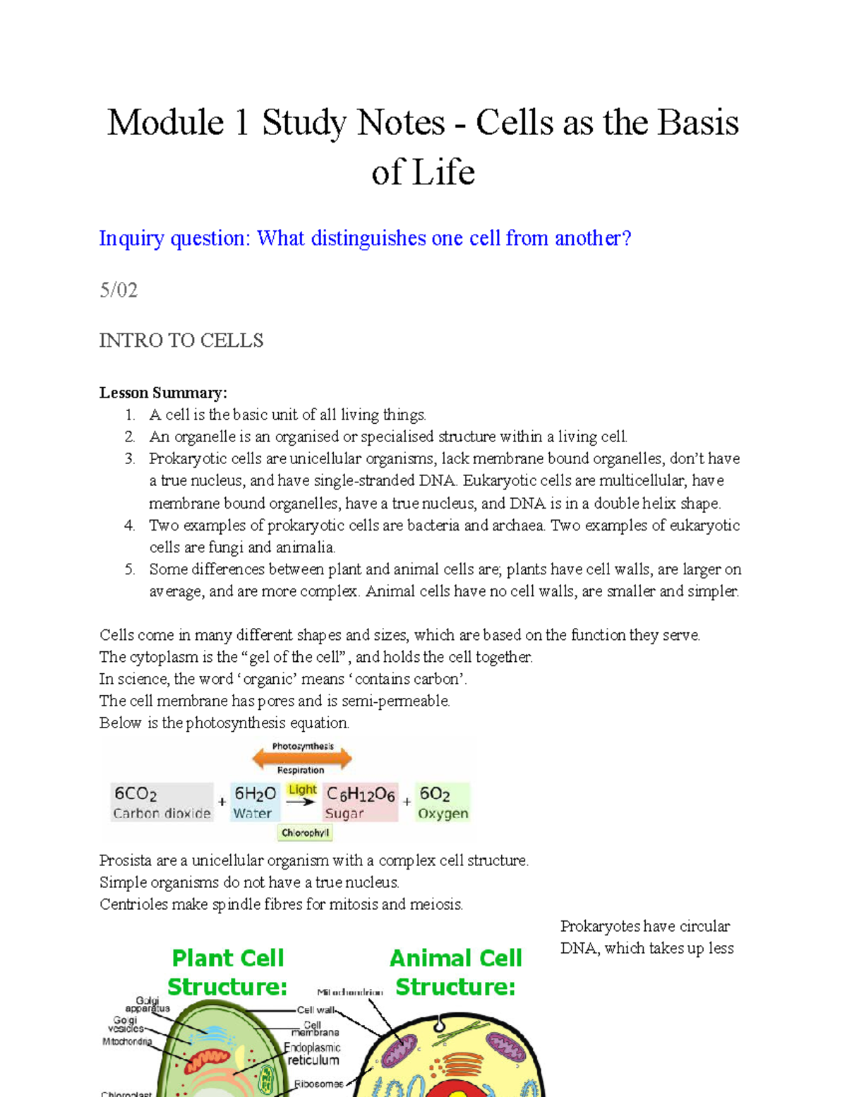 Module 1 Study Notes - Cells as the Basis of Life - A cell is the basic ...