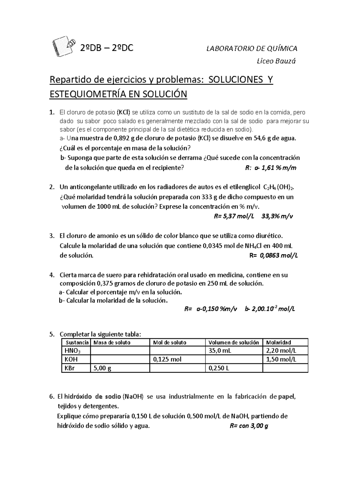 Soluciones y Estequiometría en Solución - 2ºDB / 2ºDC Laboratorio - Studocu