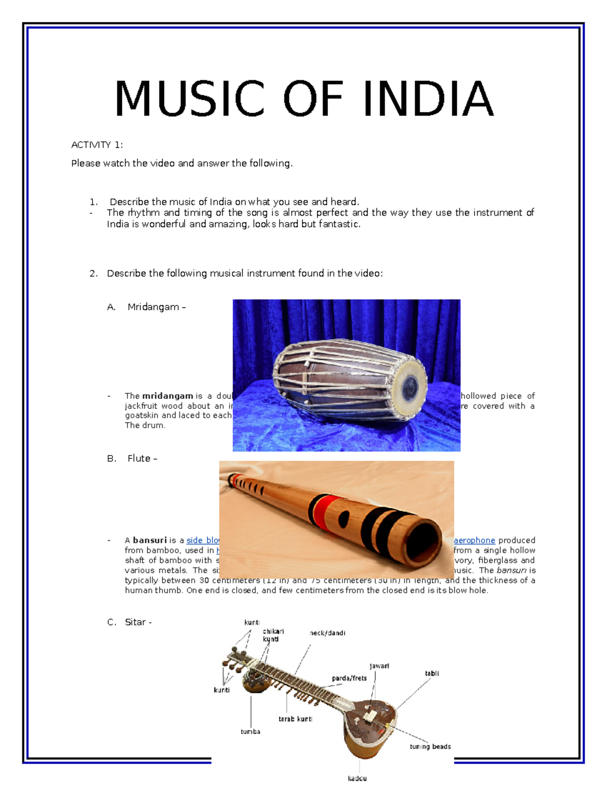 Music of India: Instruments and Their Unique Sounds - MAPeh - Studocu