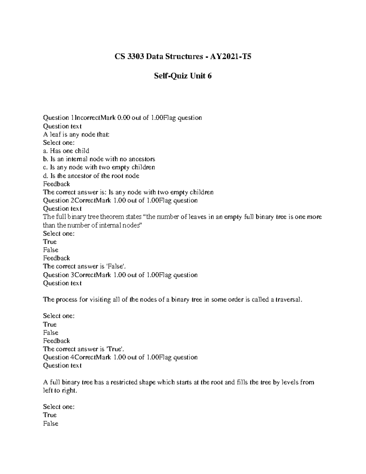 CS 3303 Data Structures - AY2021-T5 - Self-Quiz Unit 4 - CS 3303 Data Structures - AY2021-T ...