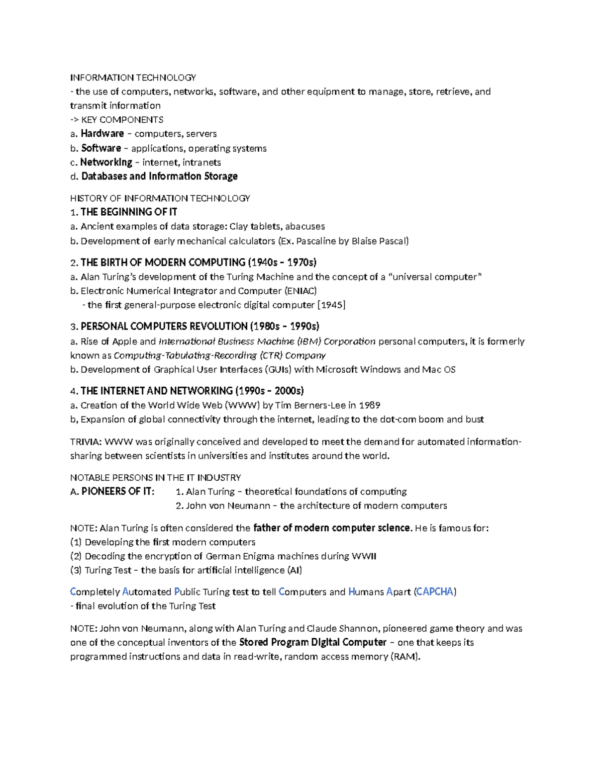 Comp 1 - information technology notes on hardware, software, and ...