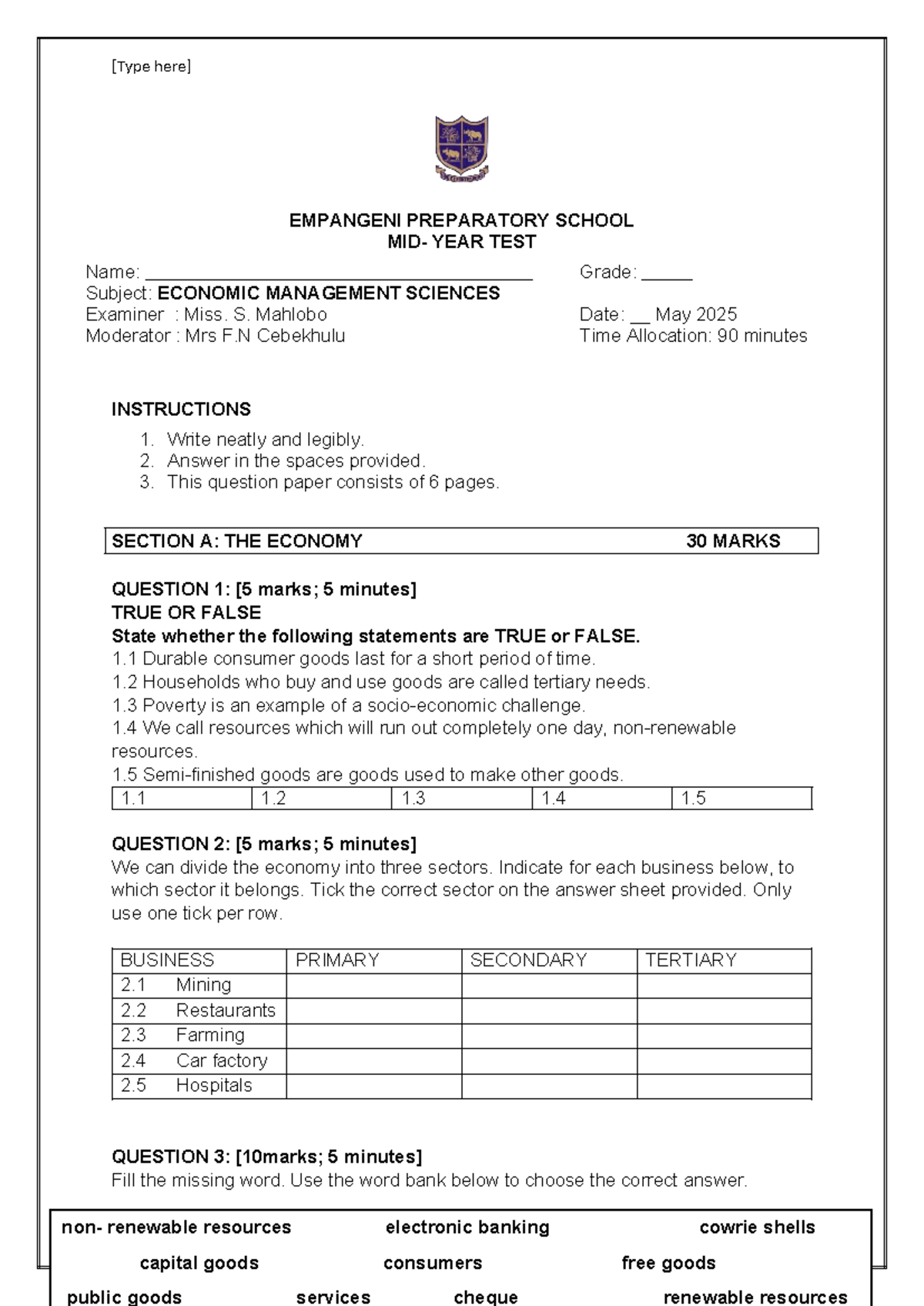 EMS JUNE test 2021 - guidelines - EMPANGENI PREPARATORY SCHOOL MID ...
