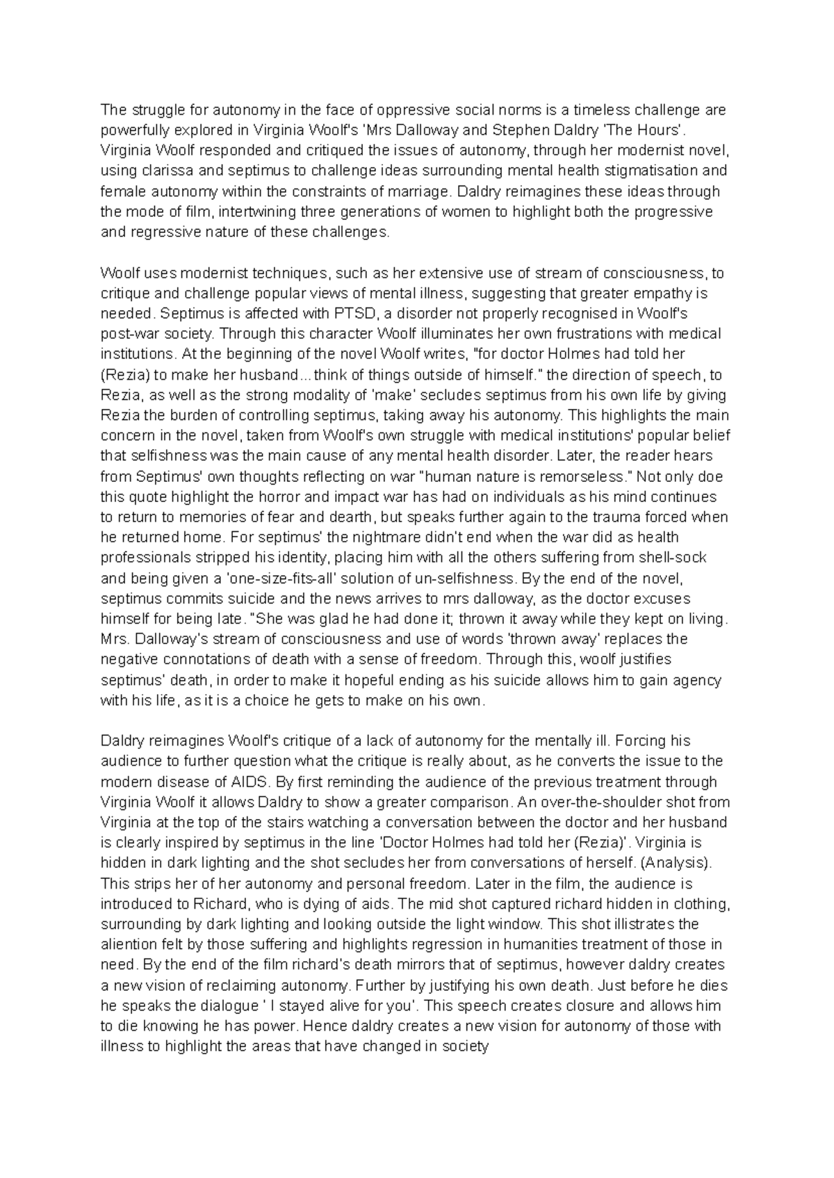 Mod A - Exploring Autonomy in Woolf's "Mrs. Dalloway" & Daldry's Film ...