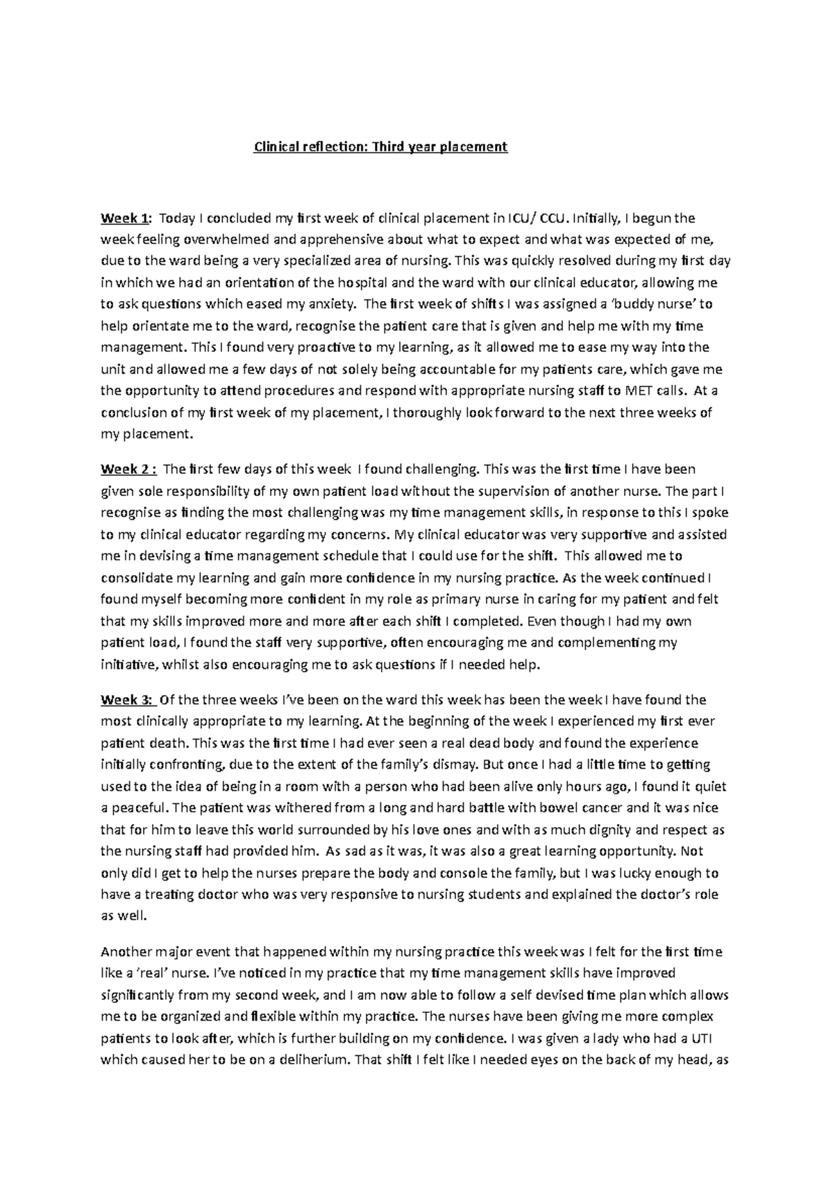 Clinical Reflection: Insights from ICU/CCU Placement Experience - Studocu