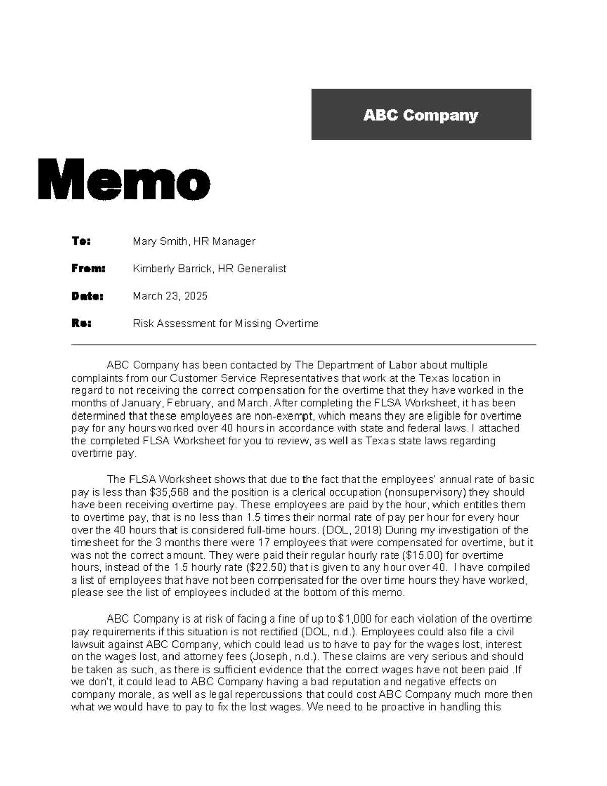 ABC Company risk memo - memo on unpaid overtime - ABC Company Memo To ...