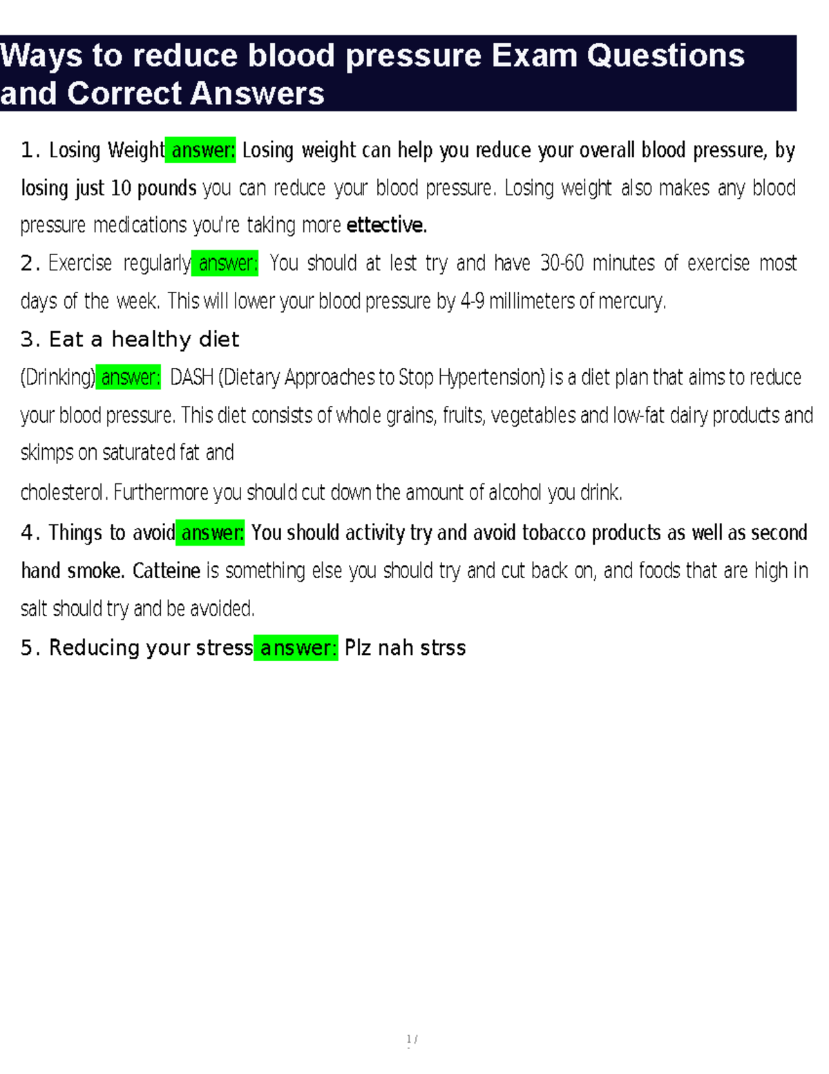BP Reduction Strategies: Exam Questions & Answers - Studocu