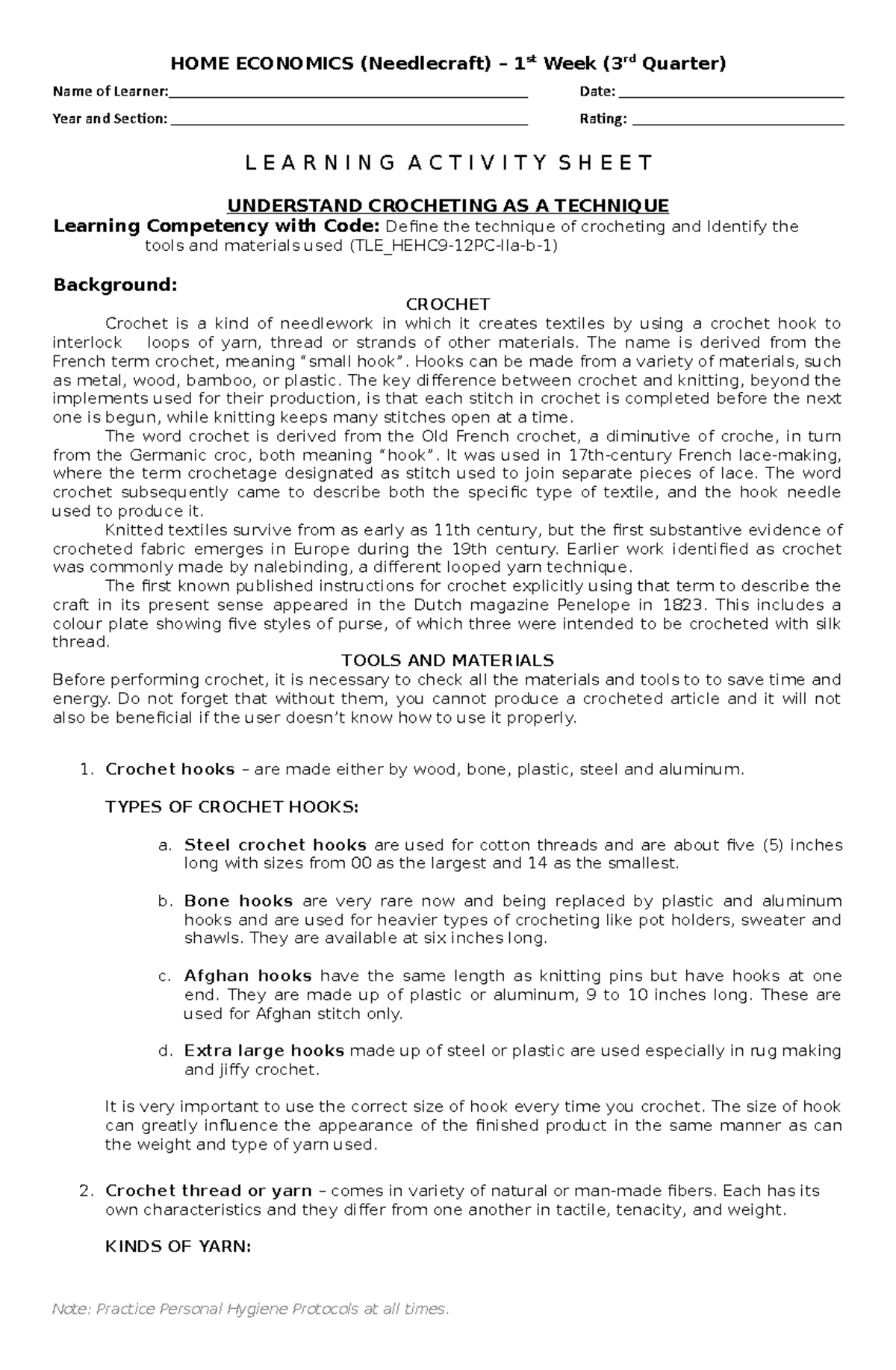 Needlecraft Theory and Tools: 3rd Week Lesson (TLE_HEHC9-12PC-IIa-b-1 ...