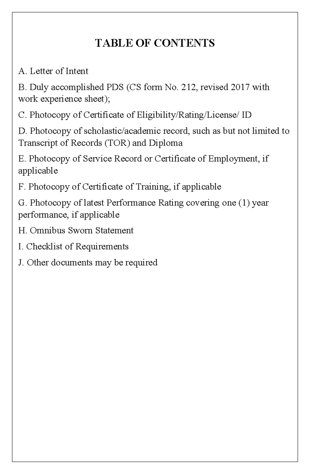 Dep Ed Table OF Contents - TABLE OF CONTENTS A. Letter of Intent B ...