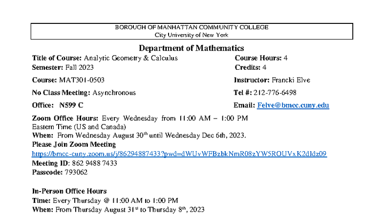 MAT 301 Syllabus: Asynchronous Analytic Geometry & Calculus Fall 2023 ...