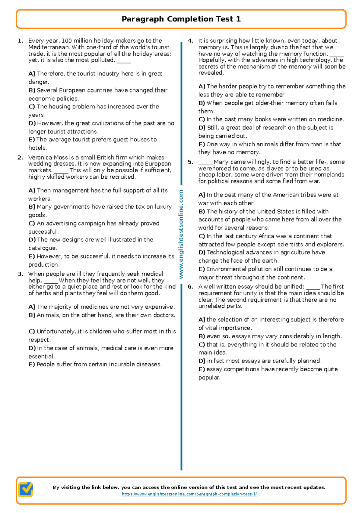 Paragraph Completion Test 1 - English Language Skills - Studocu