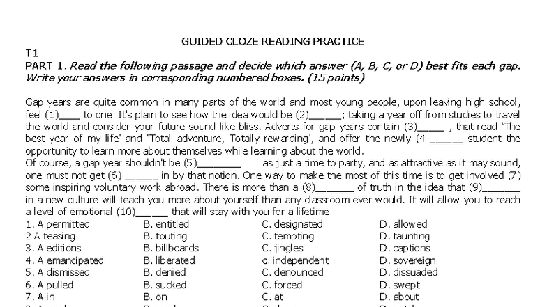 Guided Cloze Reading Practice T1 - Final Exam Preparation - Studocu