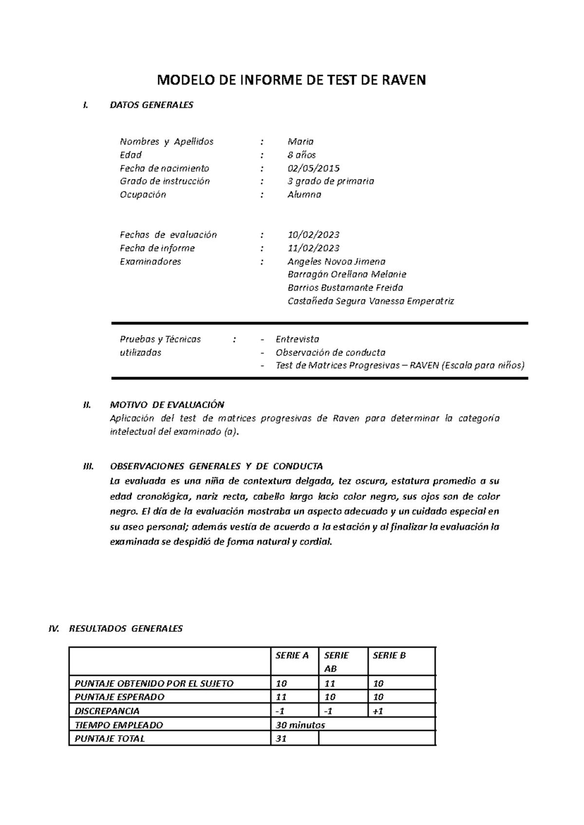 Informe del Test de Matrices Progresivas de Raven - Pruebas ...