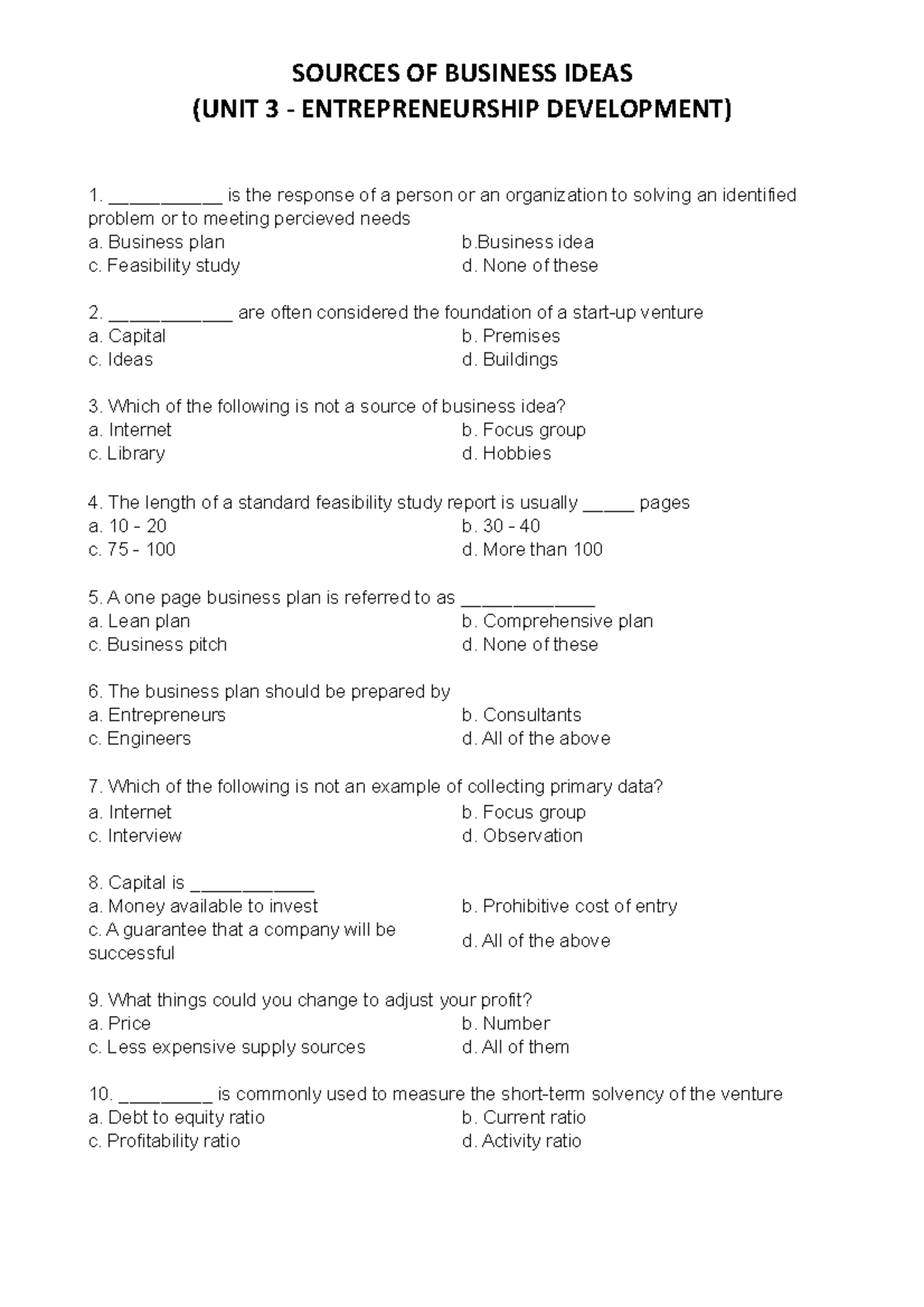 Unit 3 ED: MCQs on Sources of Business Ideas and Entrepreneurship - Studocu