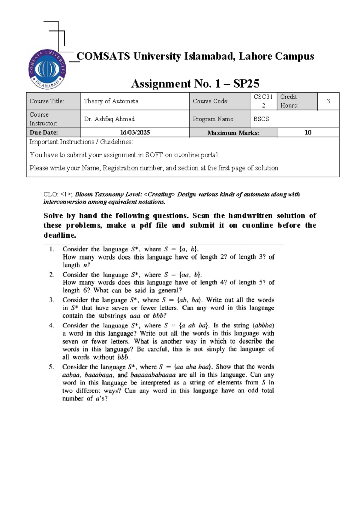 1 - Statement - assignment - COMSATS University Islamabad, Lahore ...