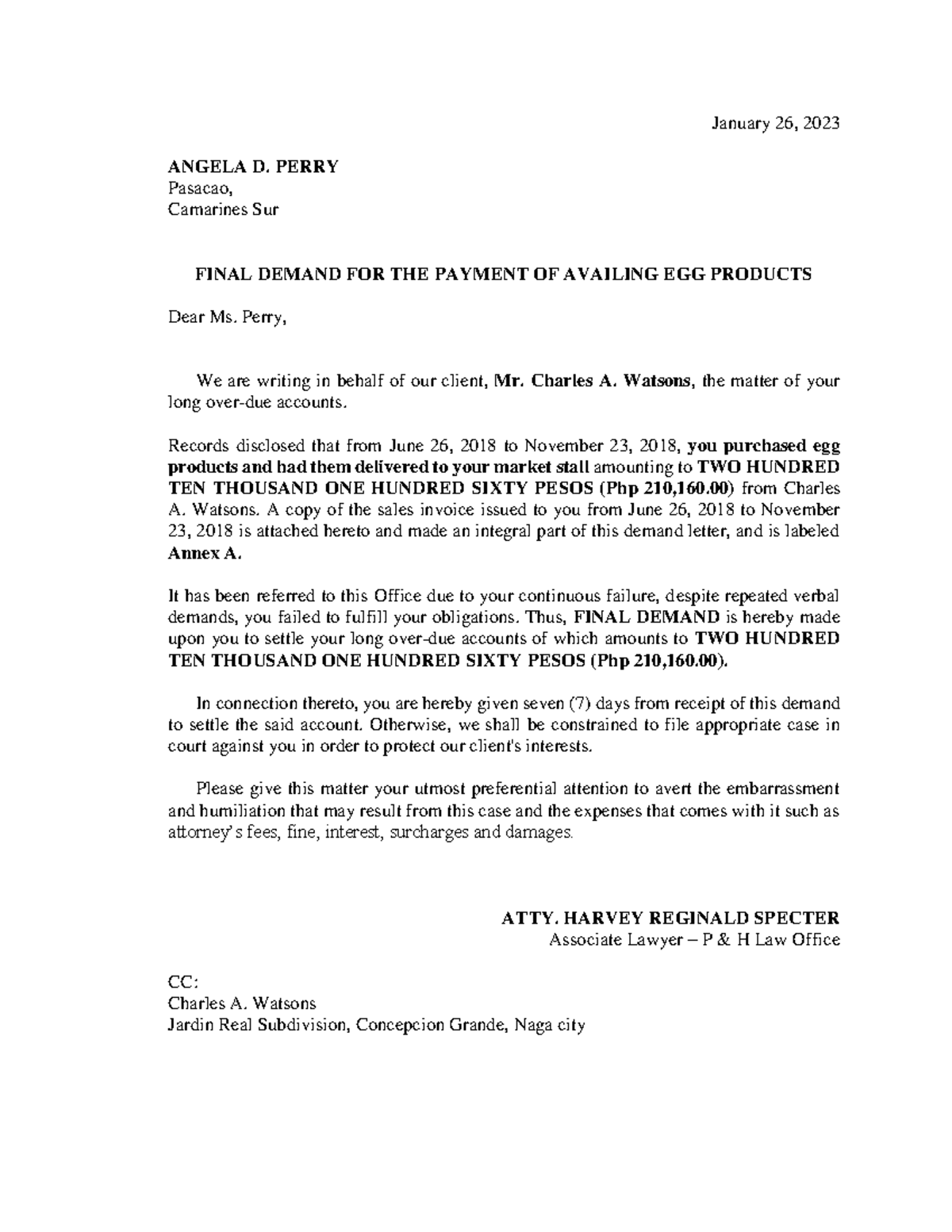 Demand Letter Template - January 26, 2023 ANGELA D. PERRY Pasacao ...