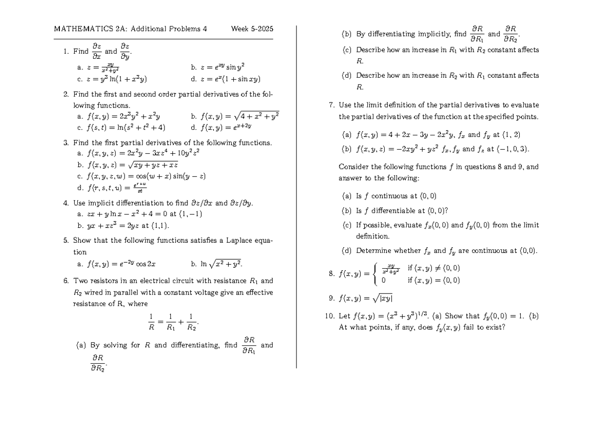 Additional Problems 4 - a. z = x 2 xy+y 2 b. z = exy sin y 2 c. z = y 3 ...