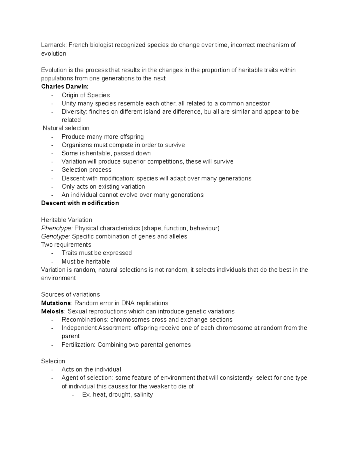 Bio 1070 Topic test 2 - Evolution and natural selection notes - Studocu