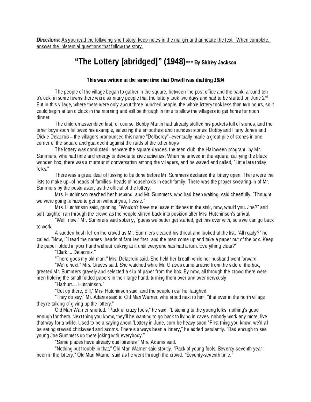 Lottery by Shirley Jackson - Reading Notes for Middle School - Studocu