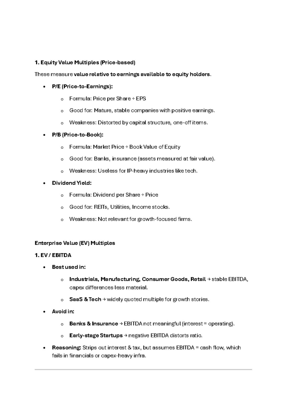 Valuation Multiples - Detailed Summary for Finance 101 - Studocu